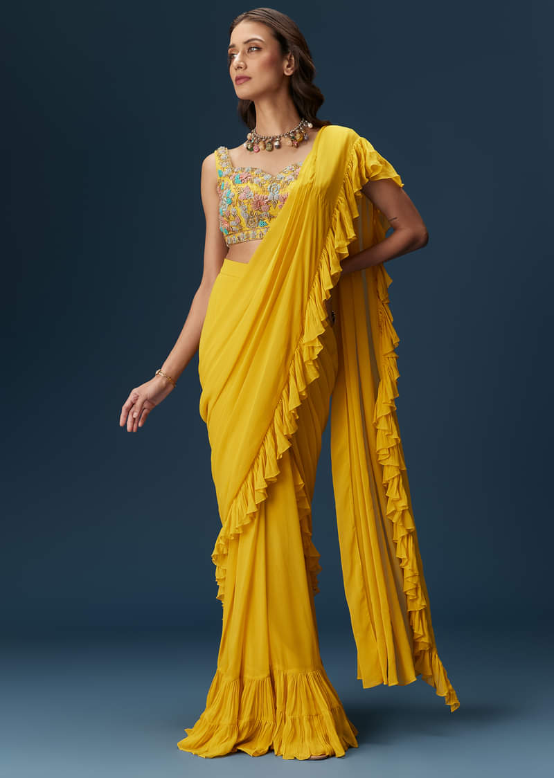 Buy Yellow Frill Saree With Floral Embroidery | KALKI FASHION UK